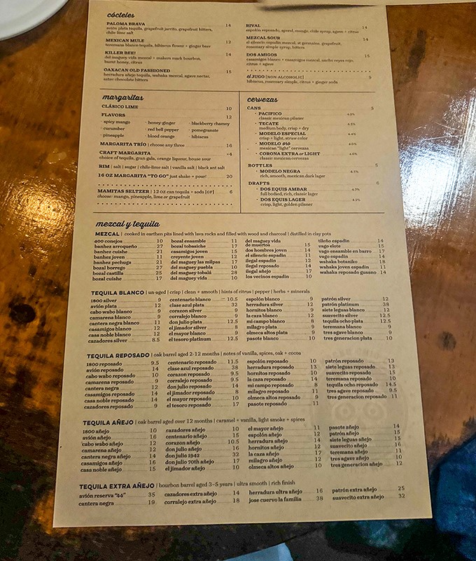 The menu reads like a love letter to agave spirits, with enough tequila and mezcal options to make your head spin before your first sip.