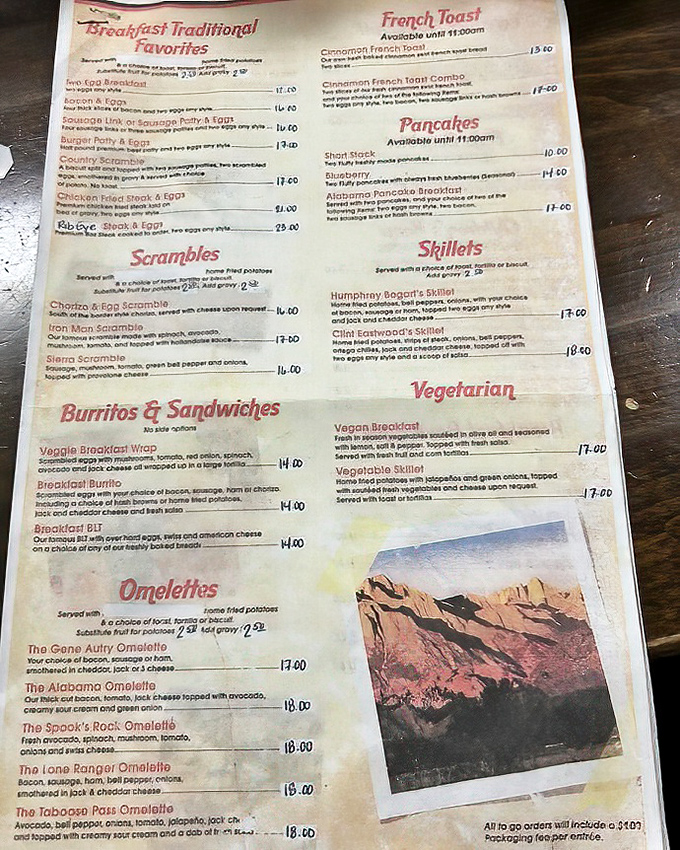 A menu that reads like love poetry to breakfast enthusiasts. Each named dish promises its own culinary adventure in the shadow of the Sierras.