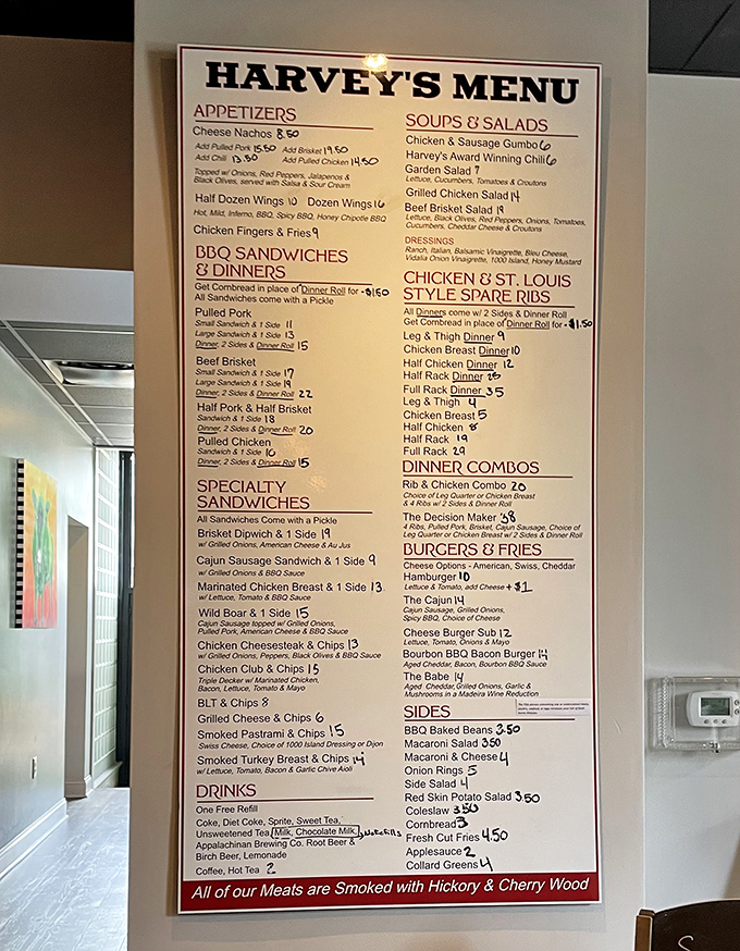 This menu isn't just a list—it's a roadmap to happiness. Note that final line: "All our Meats are Smoked with Hickory & Cherry Wood."