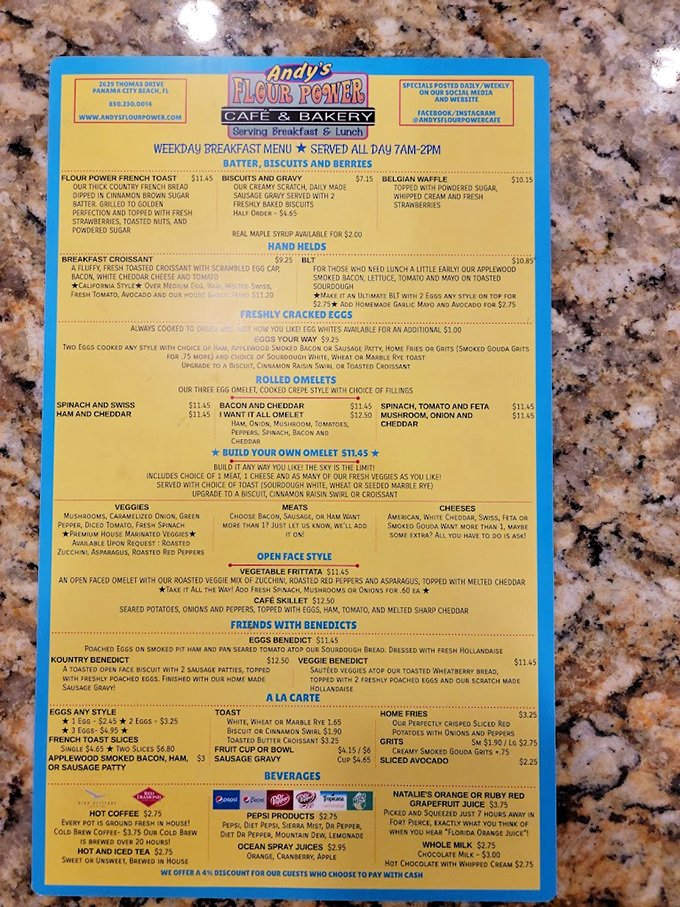 The menu reads like a love letter to breakfast classics, each description promising a morning romance with your taste buds.