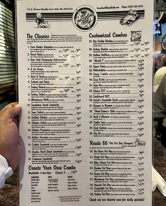 The menu at Gasoline Alley reads like a road map to comfort food nirvana. From "Big Daddy Reuben" to "Route 66," every sandwich tells a delicious story.
