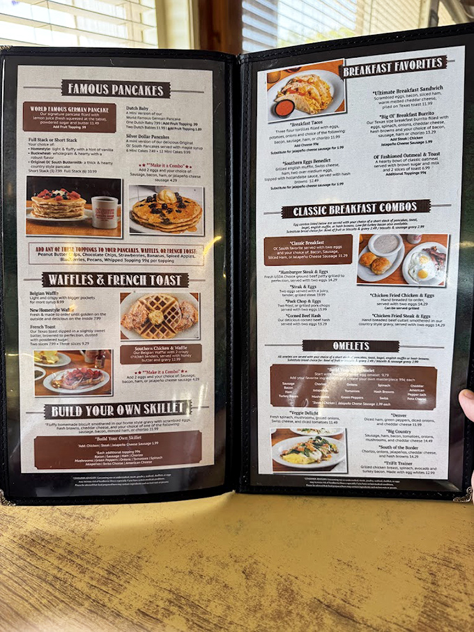 The menu reads like a love letter to American breakfast classics. Each page promises the kind of meal that makes you want to linger over one more coffee refill.