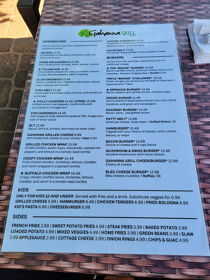 A menu that doesn't need fancy fonts or pretentious descriptions. Just honest food with the legendary Beanie Burger front and center.