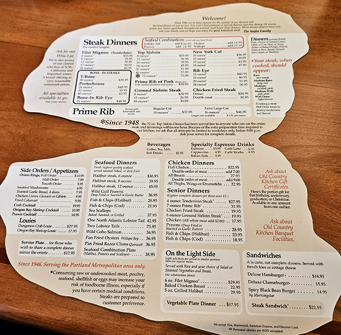 This cow-shaped menu tells you everything about Sayler's priorities. When your menu is literally shaped like what you specialize in, subtlety isn't the goal.