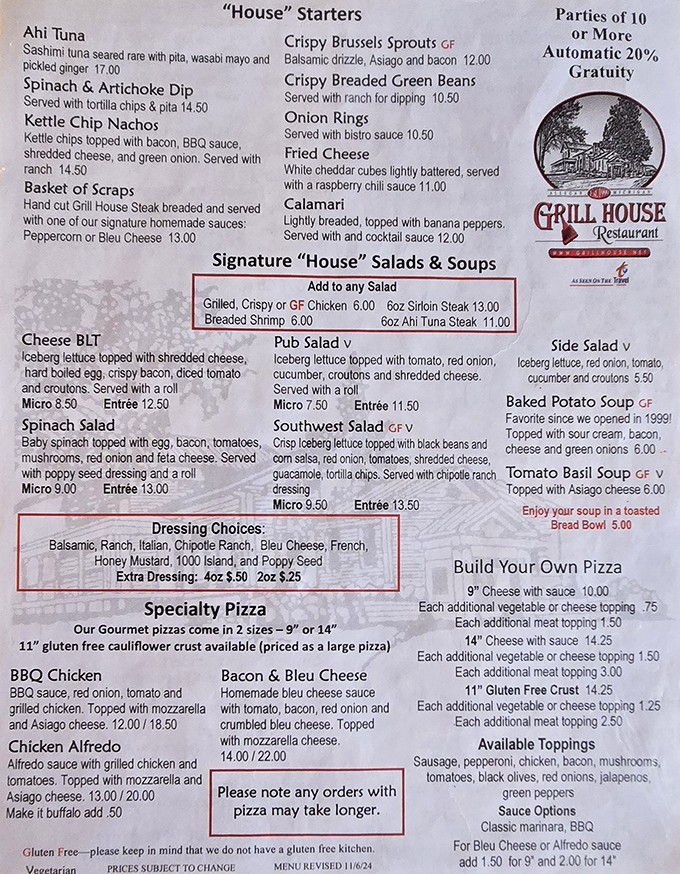 A menu that reads like a carnivore's love letter. Just try to make it past the "House Starters" without ordering at least three things.