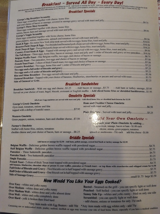 The breakfast menu reads like a love letter to morning indulgence. Two words jump out immediately: biscuits and gravy.
