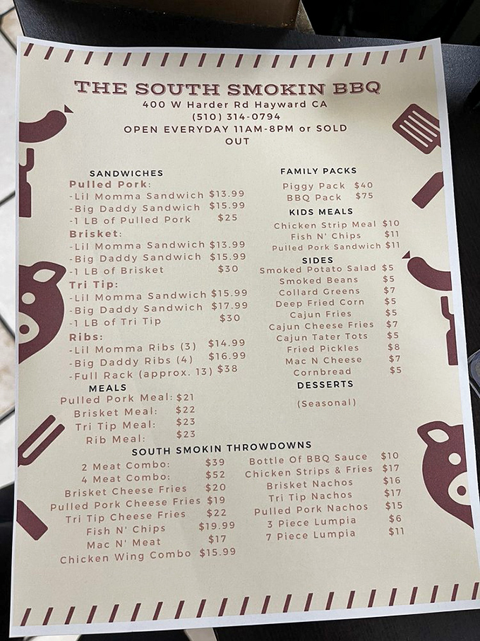 A menu that reads like poetry to meat lovers. Notice how your eyes instinctively gravitate toward "Tri Tip" like it's calling your name?