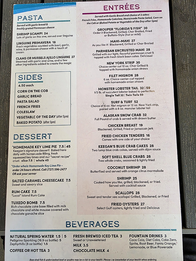 A menu that reads like poetry to seafood lovers. Notice the "Monster Lobster" and homemade Key Lime pie &ndash; they're not kidding about either. 
