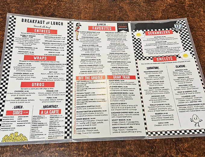 The menu reads like a love letter to American comfort food classics, with each checkered border promising satisfaction without apology.