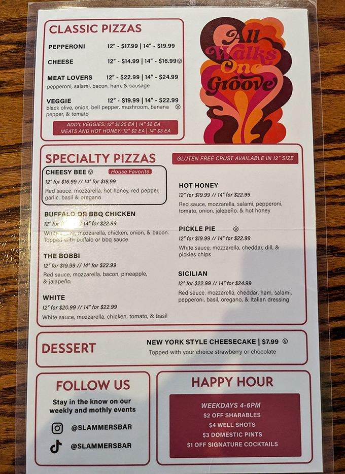 The menu tells you everything you need to know&mdash;this place takes pizza seriously but doesn't take itself too seriously. "All Walks One Groove" indeed.