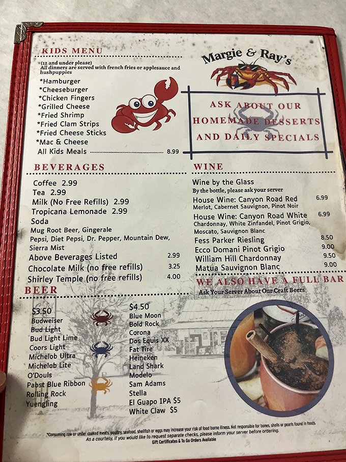 A kids' menu that doesn't talk down to young palates &ndash; proving that seafood appreciation starts early in Virginia Beach. That smiling cartoon crab knows what's up.
