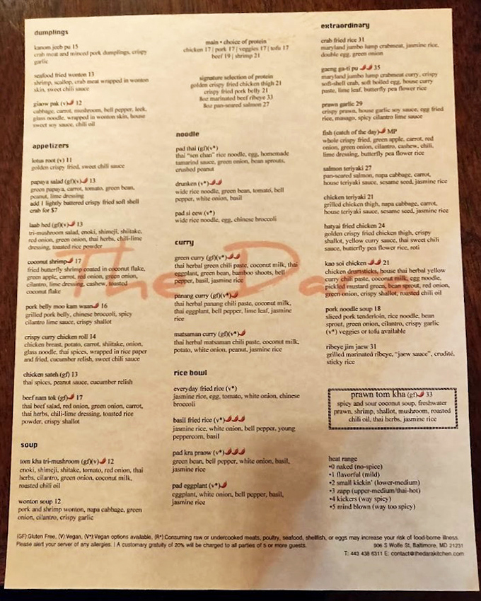 The menu reads like a love letter to Thai cuisine, with those little chili pepper symbols serving as both warning and invitation to the spice-curious.