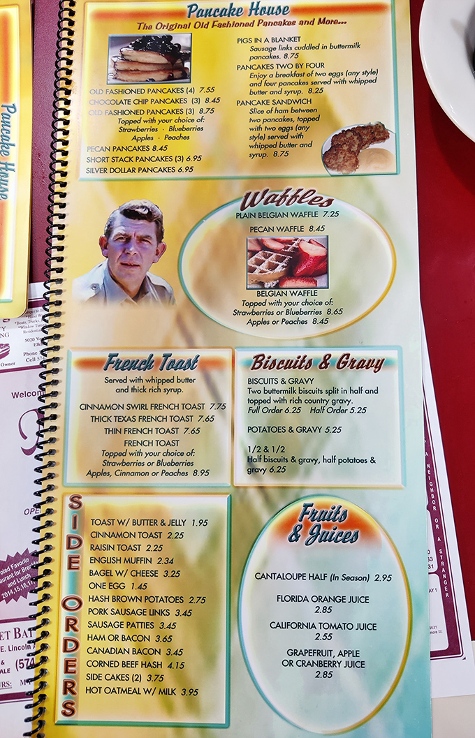 The menu doubles as a time machine, with Andy Griffith's reassuring face reminding you that comfort food never goes out of style.