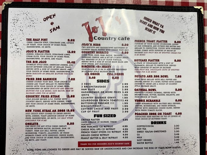 The menu at JoJo's reads like a love poem to American breakfast classics. That Country Burrito isn't just listed&mdash;it's practically highlighted with invisible neon.