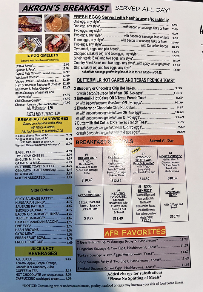 The menu tells the whole story: breakfast served all day, because civilization peaked when someone decided eggs were appropriate at 3pm.