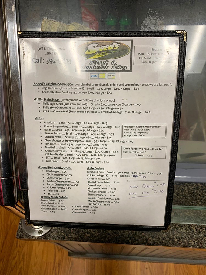 The menu board &ndash; a sacred text for sandwich aficionados. Notice how "Speed's Original Steak" sits proudly at the top like royalty.