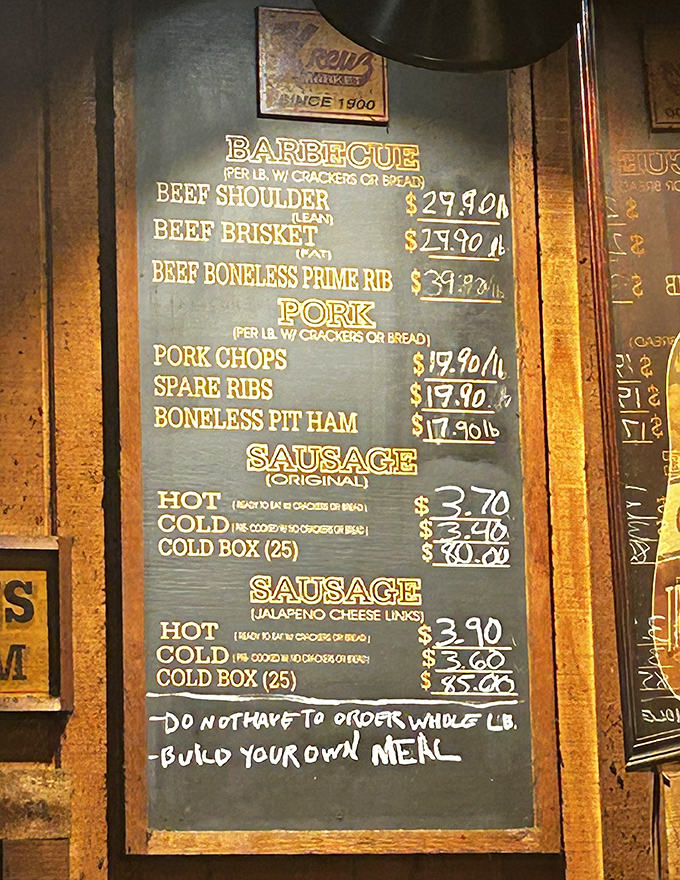 No-nonsense pricing that would make your Depression-era grandparents proud &ndash; just meat, weight, and destiny on a chalkboard.