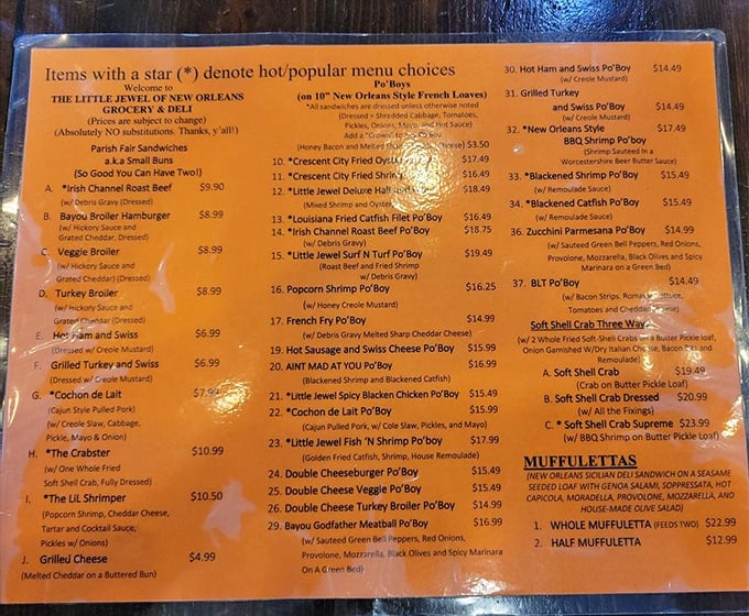 This menu is like a roadmap to happiness. Each po'boy option more tempting than the last, with stars marking the local favorites.
