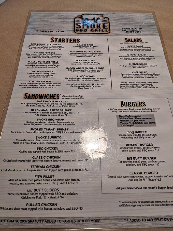 A menu that reads like a love letter to smoked meats. Each description promises flavor that'll make your taste buds stand up and salute.