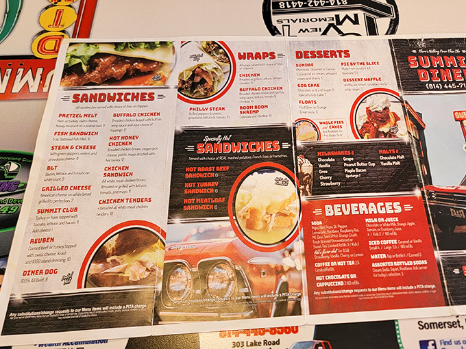 The menu reads like a love letter to American comfort food, promising satisfaction whether you're craving breakfast at noon or dinner at dawn.