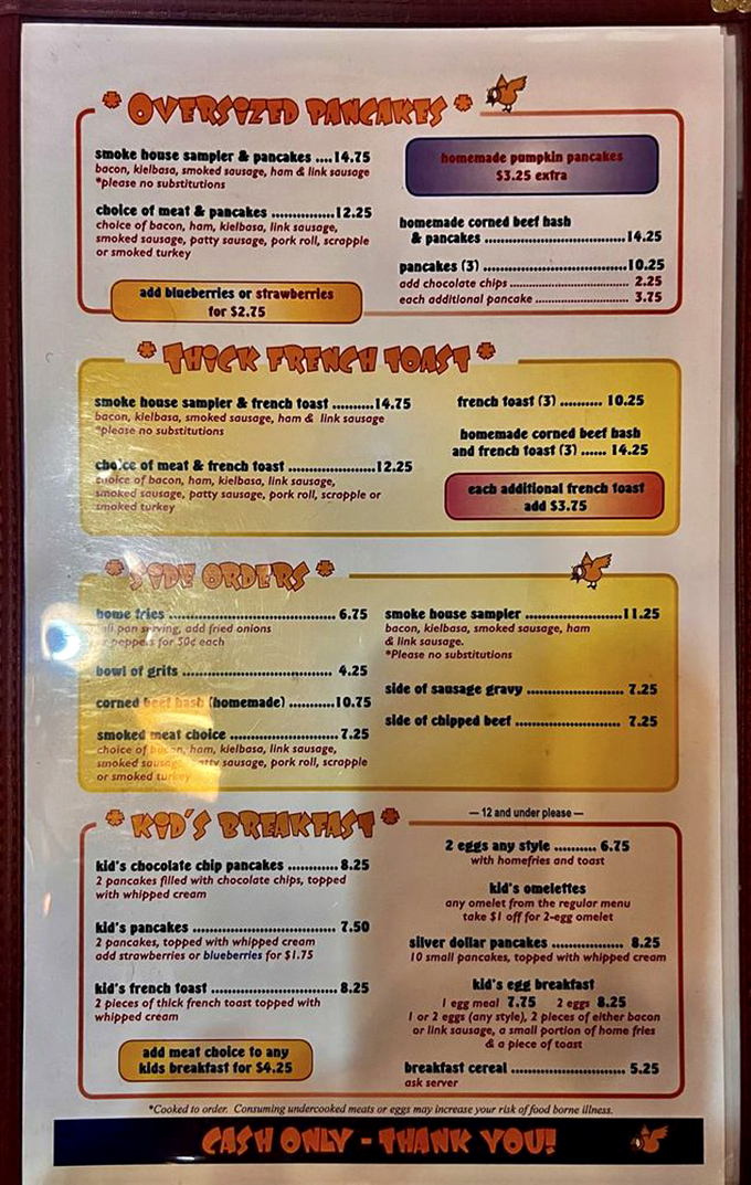 The menu reads like a love letter to American breakfast classics. "Oversized Pancakes" isn't just a description&mdash;it's a delicious warning.