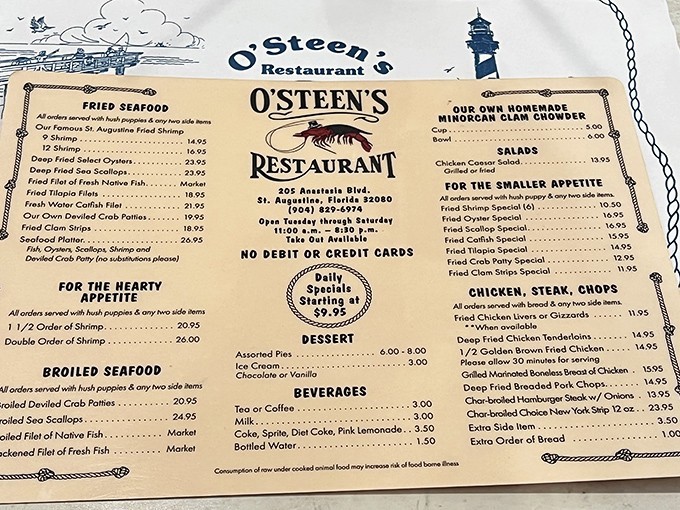 The menu tells the whole story: seafood done right, no fancy frills, no credit cards, just honest-to-goodness Florida coastal cuisine.