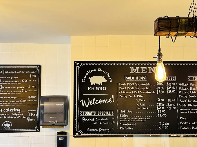 The menu board speaks the universal language of barbecue devotees. No fancy fonts needed when the food does all the talking.