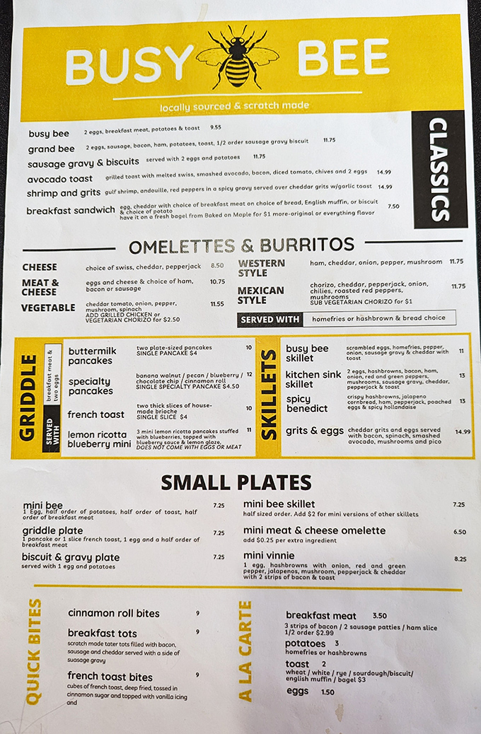 This menu isn't just a list of options&mdash;it's a roadmap to happiness. The "locally sourced & scratch made" promise isn't trendy marketing; it's the Busy Bee way of life.