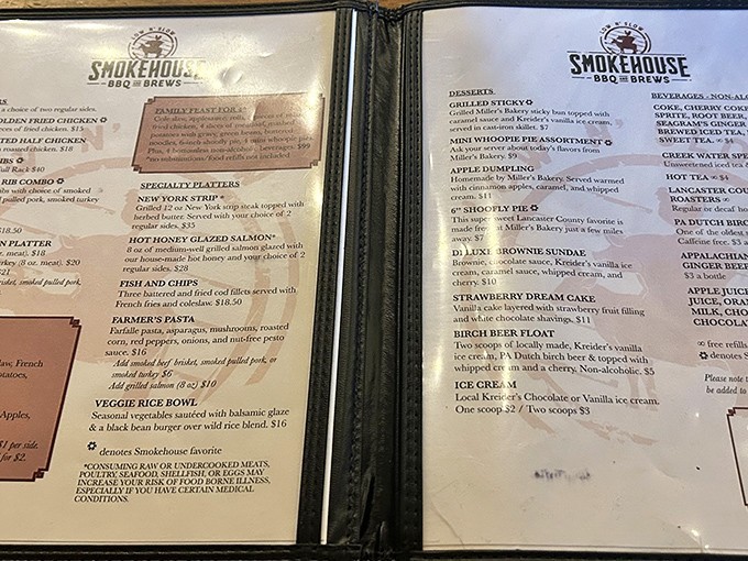 This menu reads like a love letter to comfort — smoky meats, sweet treats, and craft brews just waiting to be savored.