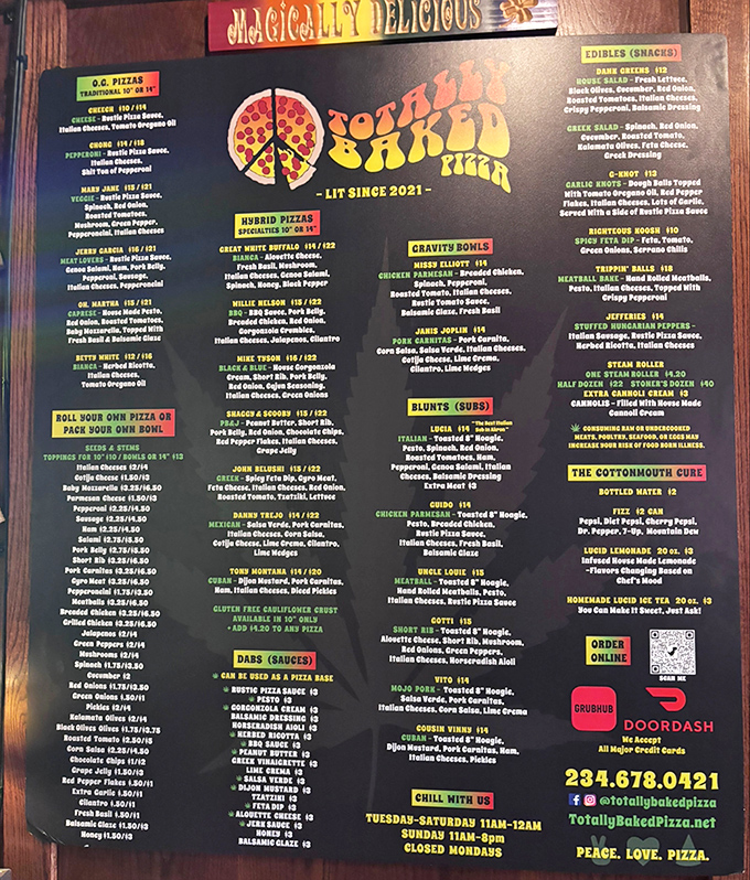 A menu that reads like a rock festival lineup from 1969. "Willie Nelson" isn't just a country legend here&mdash;it's dinner with mushrooms and spinach.