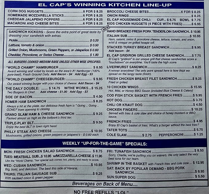 A menu that speaks the universal language of comfort food. No fancy descriptions needed when the food speaks for itself.