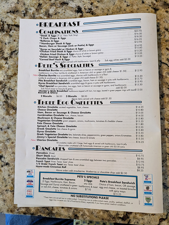 A menu that reads like comfort food poetry. Each line promises satisfaction without pretension—the true mark of a legendary diner.