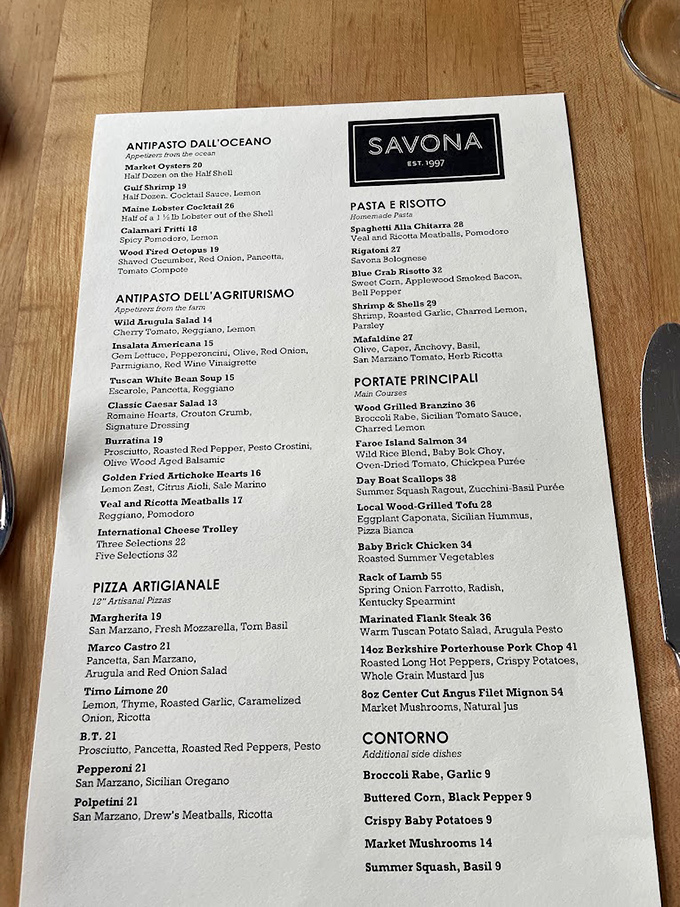 A menu that reads like poetry for food lovers. The "Antipasto Dall'Oceano" section alone might bring a tear to your eye.