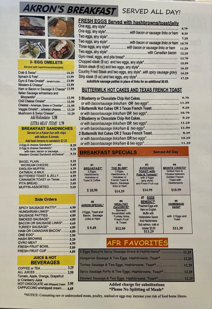 This menu isn't trying to impress food critics—it's trying to feed hungry humans with honest-to-goodness breakfast classics served all day.