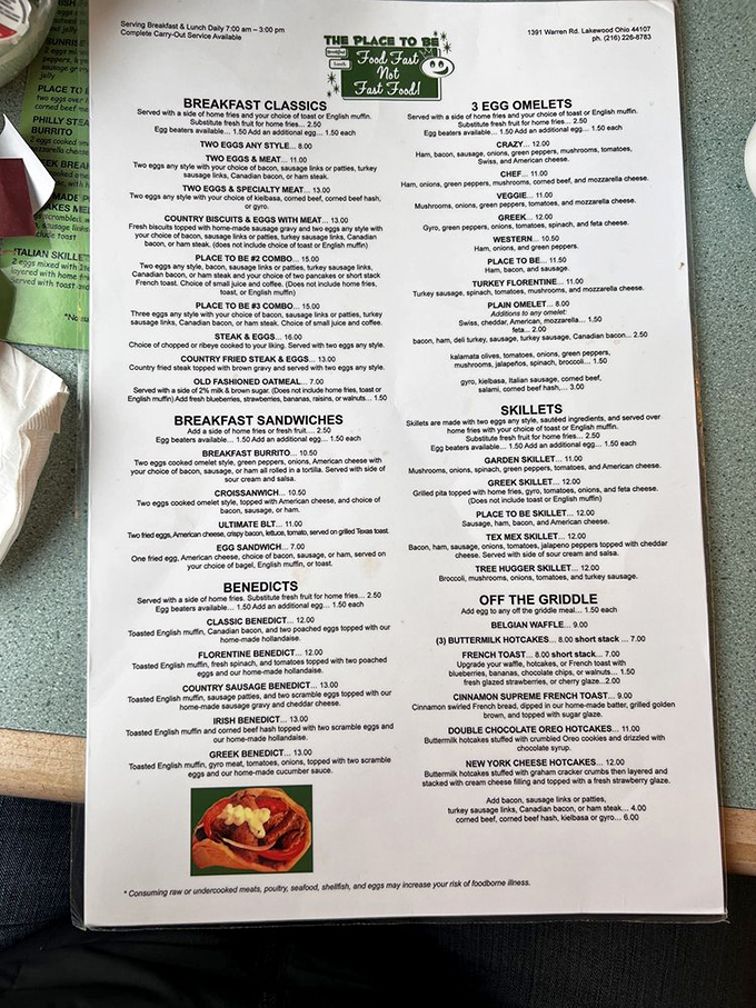 A menu that reads like a love letter to breakfast classics. No molecular gastronomy here, just the comfort food your morning soul craves.