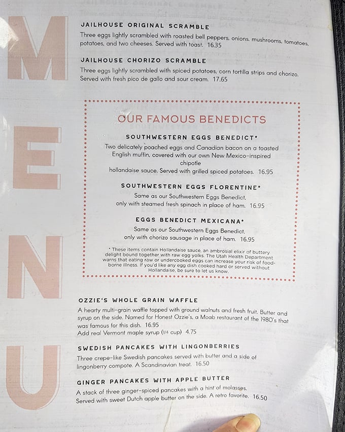 The menu's dotted red border around "OUR FAMOUS BENEDICTS" isn't just cute design&mdash;it's a police line you'll want to cross. Southwestern spins on breakfast classics await.