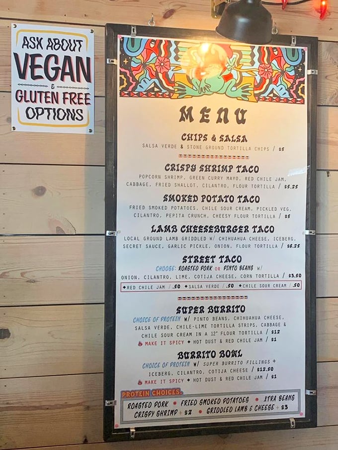 This menu reads like a love letter to street food&mdash;from crispy shrimp tacos to lamb cheeseburgers, each option more tempting than the last.