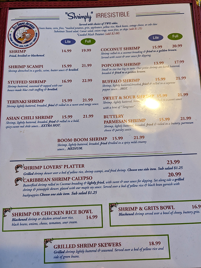 A menu that cuts right to the chase—all shrimp, all delicious. The "Shrimply Irresistible" header isn't just cute wordplay, it's truth in advertising.