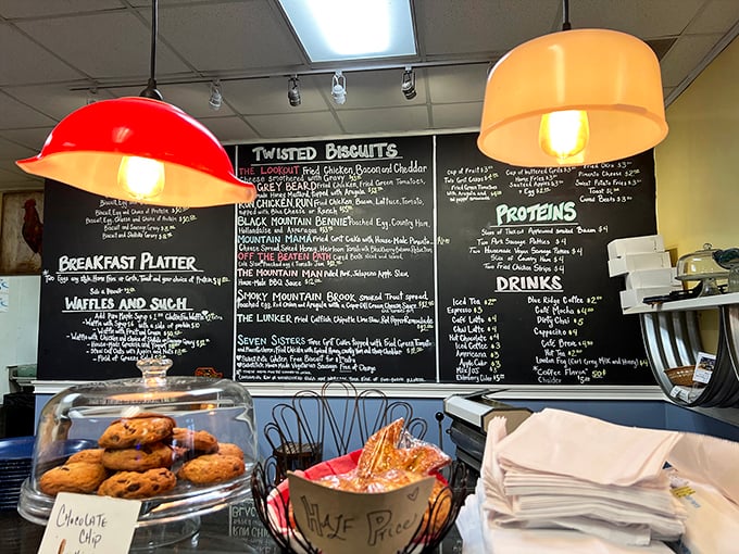 That chalkboard menu isn't just decoration&mdash;it's a roadmap to happiness. The "Twisted Biscuits" section alone could keep you coming back weekly for a year.