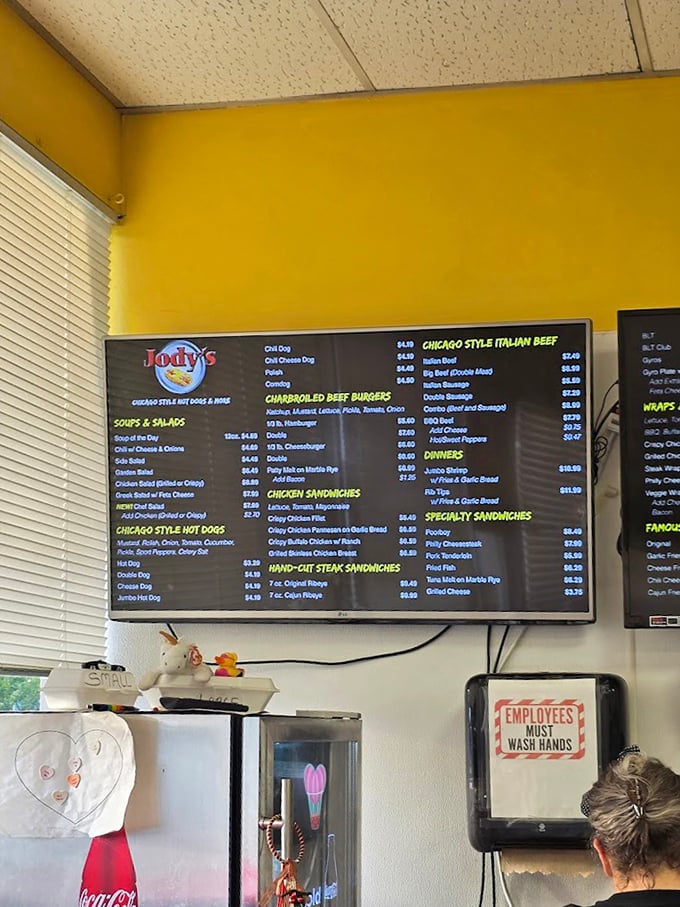The menu board at Jody's&mdash;a roadmap to happiness featuring Chicago dogs, Italian beef, and other Windy City classics.