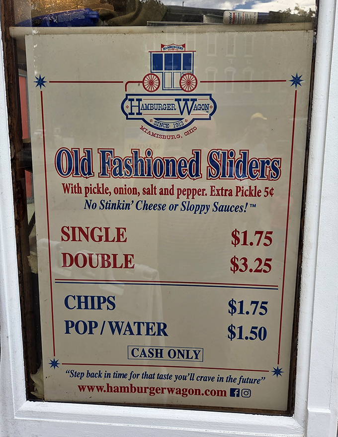 "No Stinkin' Cheese or Sloppy Sauces!" declares the menu with refreshing honesty. Burger minimalism at its finest since the Woodrow Wilson administration.