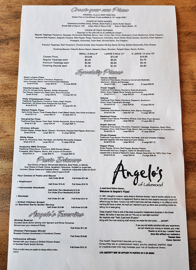 A menu that reads like a love letter to Italian-American cuisine—where decisions become deliciously difficult and every specialty pizza tells a different story.