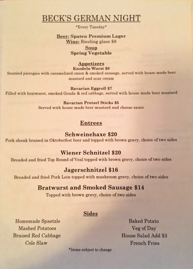 Tuesday's German Night menu reveals Beck's delightful dual personality&mdash;seafood haven by day, Bavarian biergarten by night. Those homemade spaetzle are calling my name!