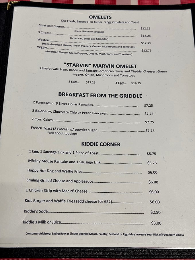 The menu reads like a love letter to breakfast classics &ndash; that "Starvin' Marvin Omelet" isn't just a meal, it's a commitment.