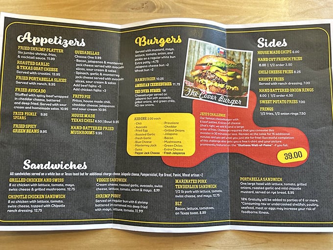 A menu that reads like a love letter to Texas comfort food. The real dilemma isn't what to order, but how to try everything.