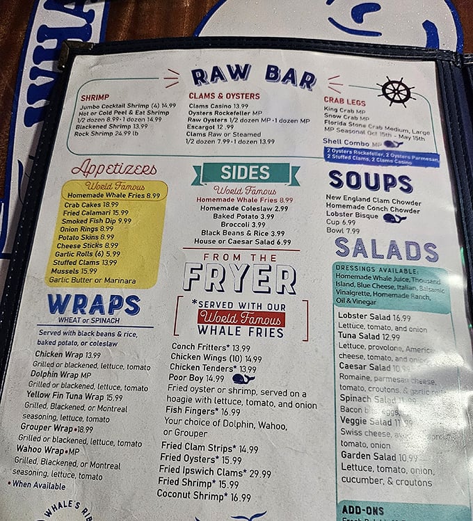 This isn't just a menu&mdash;it's a maritime treasure map. The "World Famous" designation isn't restaurant hyperbole when locals line up for those Whale Fries.
