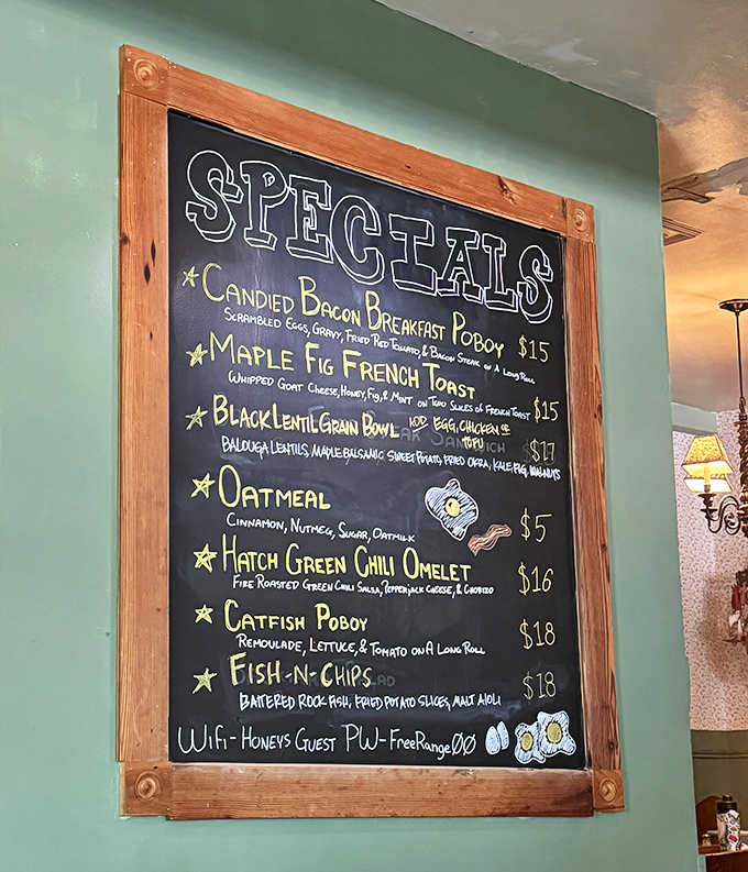 A chalkboard menu that reads like a love letter to breakfast. The Hatch Green Chili Omelet beckons with promises of southwestern heat.