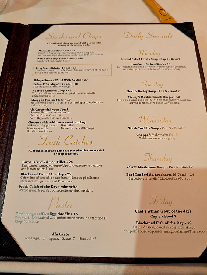 This menu reads like a love letter to carnivores, featuring steaks that'll make you forget every chain restaurant.