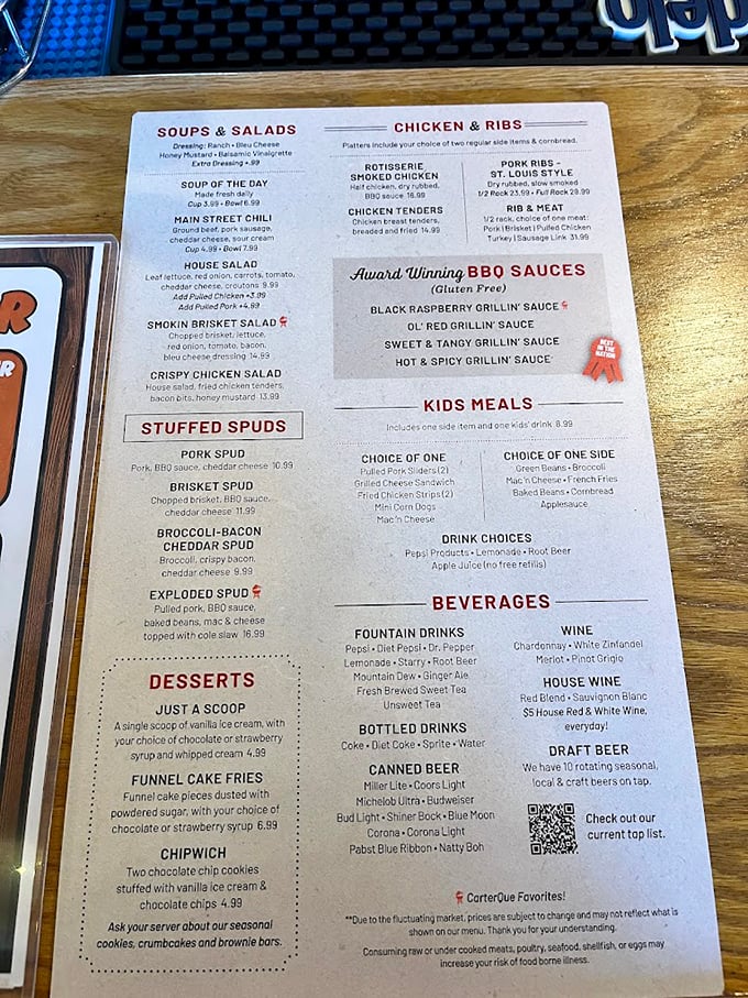 A menu that reads like barbecue poetry. Each item promises a different path to meat nirvana, with sides playing perfect supporting roles.