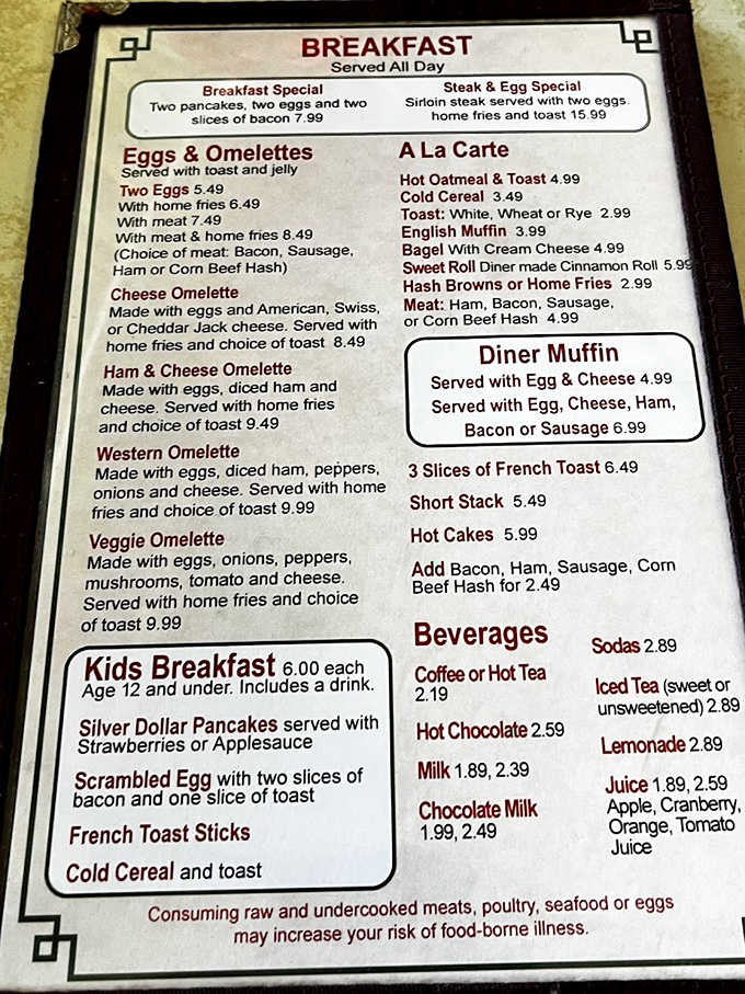 This menu isn't trying to impress you with fancy fonts or pretentious descriptions—just honest food at honest prices that'll make your wallet as happy as your stomach.